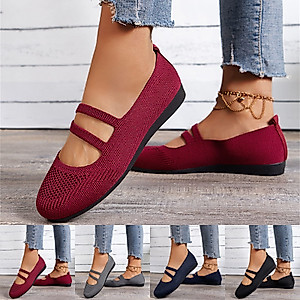 BLShaoJ Mesh Flat Heel Shoes for Women Slip On Solid Color Round Toe Shallow Mouth Casual Shoes Comfortable Dressy Breathable Outdoors Fashion Walk Knitting Sandals Wine