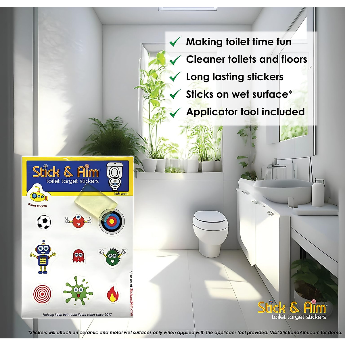 Kids Pack - Toilet Target Stickers with Sticker Applicator Tool, Potty Stickers for Potty Training, Toilet Targets for Potty Training Boys. Toilet Stickers for Boys Aim.