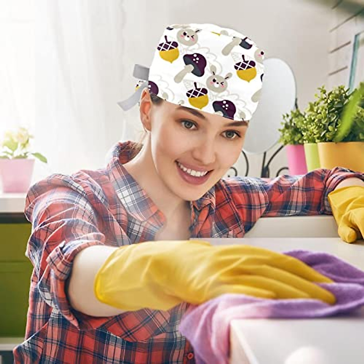 Working Cap with Button for Women 2 Packs, Sweatband Bouffant Scrub Hats, Adjustable Unisex Tie Back Ponytail Hats Hand Drawn Monkey Bunny Acorn & Mashroon