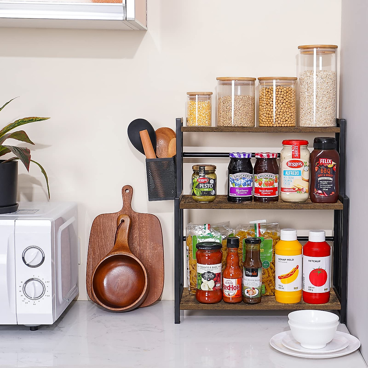 Giikin 3 Tier Adjustable Spice Rack Organizer Storage Shelf , Kitchen Counter Standing Wood Seasonings Rack with a Wire Basket, Countertop Standing Holder for Kitchen, Bathroom, Cabinet, Pantry