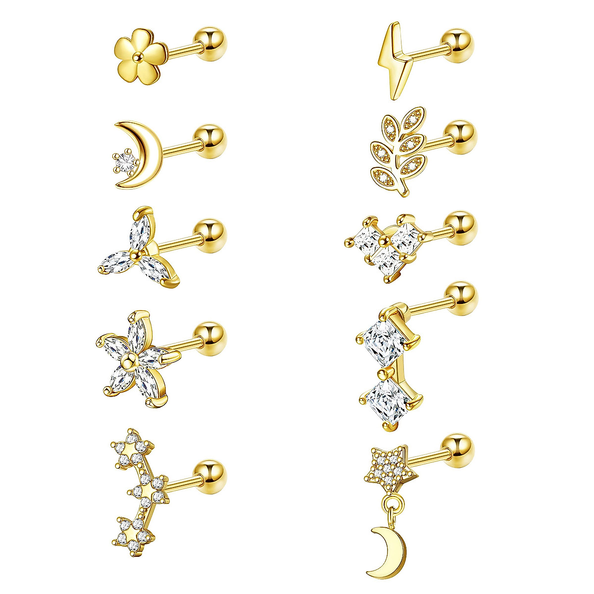 Magitaco 10Pcs 18G Cartilage Earrings Stainless Steel Moon Star Flower Tragus Earrings Conch Helix Piercing Jewelry for Women