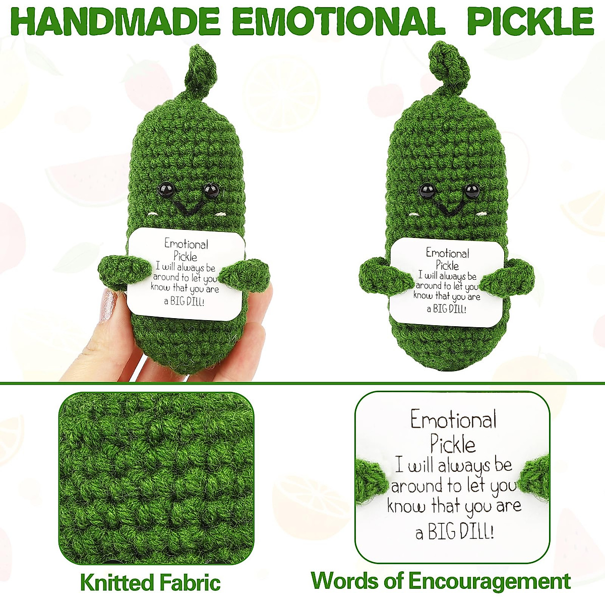 Hoedia Handmade Emotional Pickle Gift, Cucumber Crochet Doll Inspirational Gifts with Cards, Cute Knitted Funny Support Pickle Potato Friend Birthday Christmas Stocking Stuffers (Emotional Pickle)