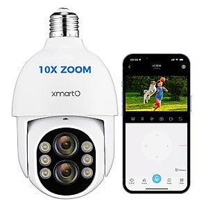 xmartO Light Bulb Security Camera Wireless Outdoor with Dual-Lens 10X ZOOM, AI Auto Tracking Pan/Tilt/Zoom, 24/7 Auto-Follow Monitor, Fits in E27 Light Socket