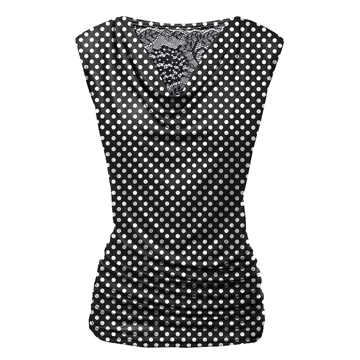 Zeagoo Womens Ruched Cowl Neck Tank Top Shirt Stretch Blouse with Side Shirring, Black Polka Dot, Large, Sleeveless