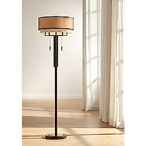 Franklin Iron Works Alamo Industrial Rustic Farmhouse Standing Floor Lamp 62" Tall Bronze Sheer Brown Organza Linen Fabric Double Drum Shades for Living Room Reading Bedroom Office House Home Decor