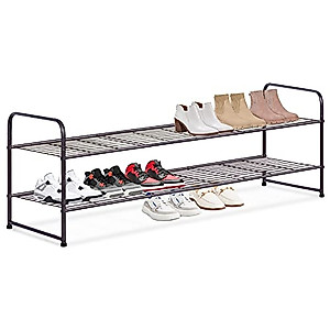 SLEEPING LAMB 2 Tier Metal Long Shoe Rack for Closet, Stackable Wide Shoe Storage Organizer 18-Pairs Low Shoe Shelf for Entryway, Bedroom, Wire Grid, Bronze