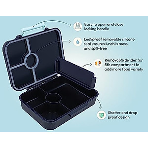 KOMUNURI LeakProof Bento Lunch Box for Kids, 4 or 5 Compartments, Microwave Safe, Dishwasher Safe, BPA Free, Lightweight, Kid Friendly Latch (Deep Blue - Space/Astronaut/Planets)