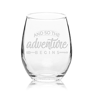 Veracco And So The Adventure Begins Stemless Wine Glass Funny BirthdayGift For Someone Who Loves Drinking Bachelor Party Favors (Clear, Glass)