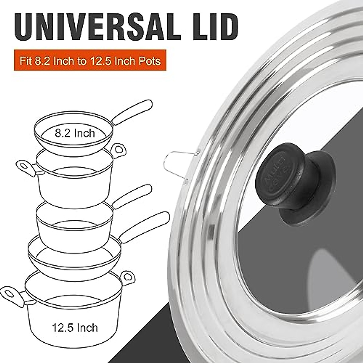 Universal Lid for Pots and Pans Skillets, Stainless Steel Pan Cover fit Fits 8.2-12.5 Inch Cookware, Large Replacement Frying Pan Cover, Cast Iron Skillet Pot Lids with Heat Resistant Knob
