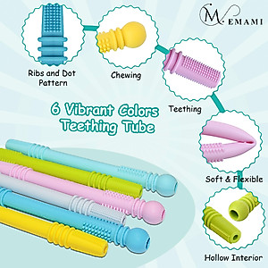 M. Emami Baby Teething Toy - Pack of 6 Hollow Teething Sticks with 2 Cleaning Brushes - 100% Food Grade Silicone, BPA Free, and Dishwasher Safe - 6 Vibrant Colors for 6-18 Months Babies