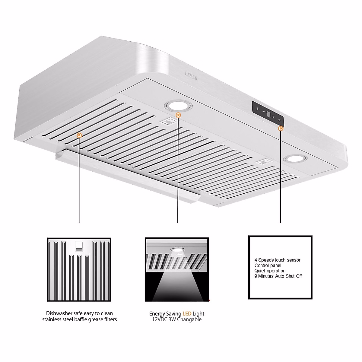 Leyso Simple Under Cabinet Stainless Steel Range Hood, Digital 4-Speed Control, 900 CFM, 2 LED Lights, Baffle Filters (30")