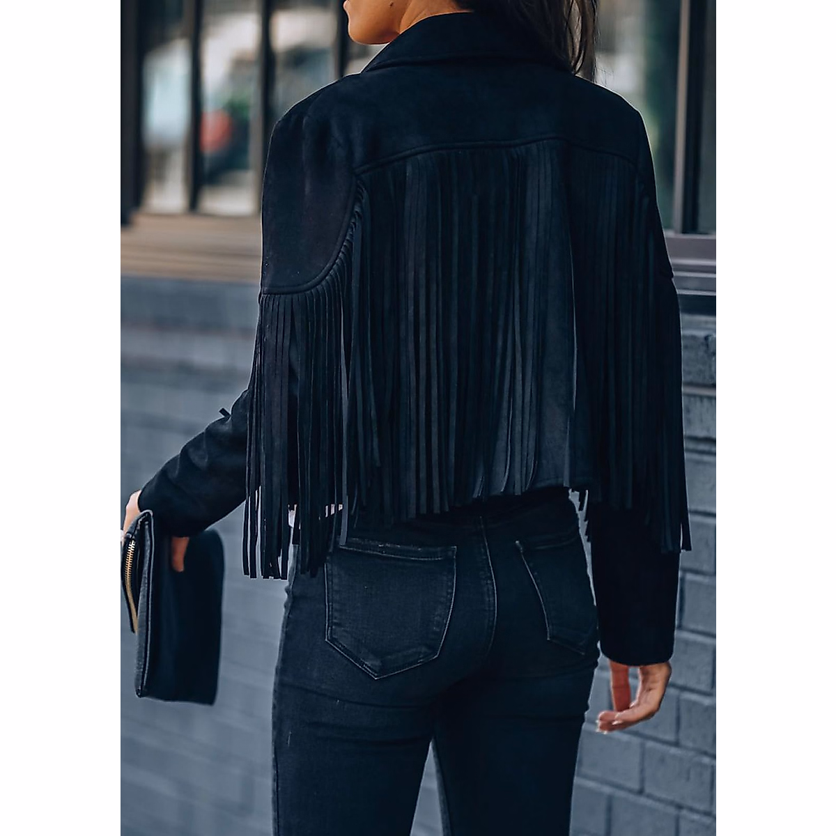 CHARTOU Casual Faux Leather Jacket Women Motorcycle Jacket Fringe Cropped Jacket Utility Tassel Suede Moto Jacket (Small,Black)