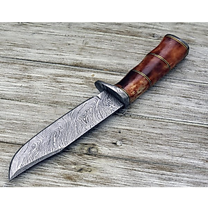 SHOKUNIN USA 7-Inch Full-Tang Damascus Steel Bowie Hunting Knife: Unique Bone Handle with Damascus Guard and Premium Leather Sheath Included