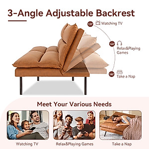 Hcore, Faux Leather Futon Couch, Memory Foam Small Splitback Loveseat Sleeper Sofa Bed Sofabed, Pure Brown