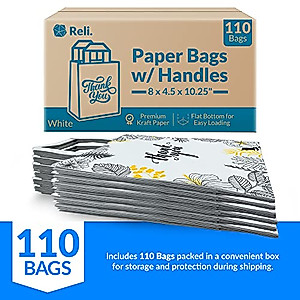 Reli. Paper Bags | 110 Pcs Bulk | 8"x4.5"x10.25" | Paper Thank You Bags | White Paper Bags with Handles, Printed | Small Thank You Gift Bags for Guests | Gifts, Wedding, Merchandise, Business