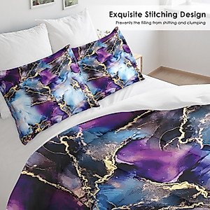 SUMIANYH Twin Size Comforter Set with Pillowcase, Blue Purple Marble Stone, Bedroom Decor Dye Green Gold Flower Leaf Watercolor Abstract Cozy Bedding for Kids and Adults, Soft Bed Set