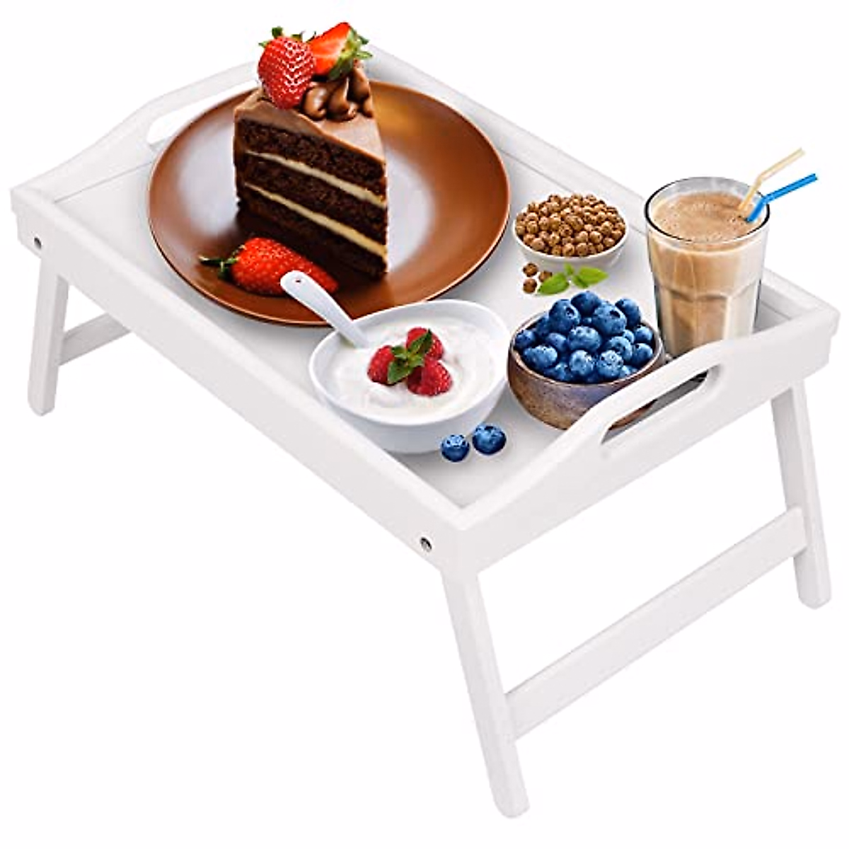 Bed Tray Table Folding Legs with Handles Breakfast Food Tray for Sofa,Bed,Eating,Drawing,Platters Serving Lap Desk Snack Tray (White Medium)