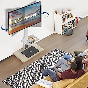 YOMT Floor TV Stand with Swivel Mount for Most TVs up to 75 Inch, Tall Corner TV Stand with Height Adjustable Shelf, Universal TV Mount Stand Holds up to 110 LBS, Upgrade Sturdy Wood Base, White
