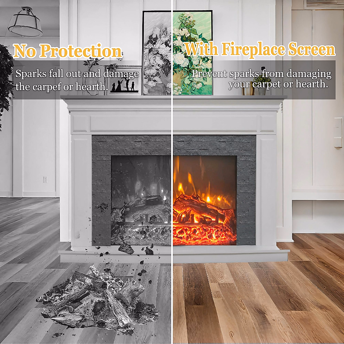 Fireplace Mesh Screen Curtain with Adjustable Rods, 2 Pack Decorative Spark Guard Chain, Easy-to-Install Hanging Replacement Screens for Wood Burning Fireplaces (22" H x 27.5" W)