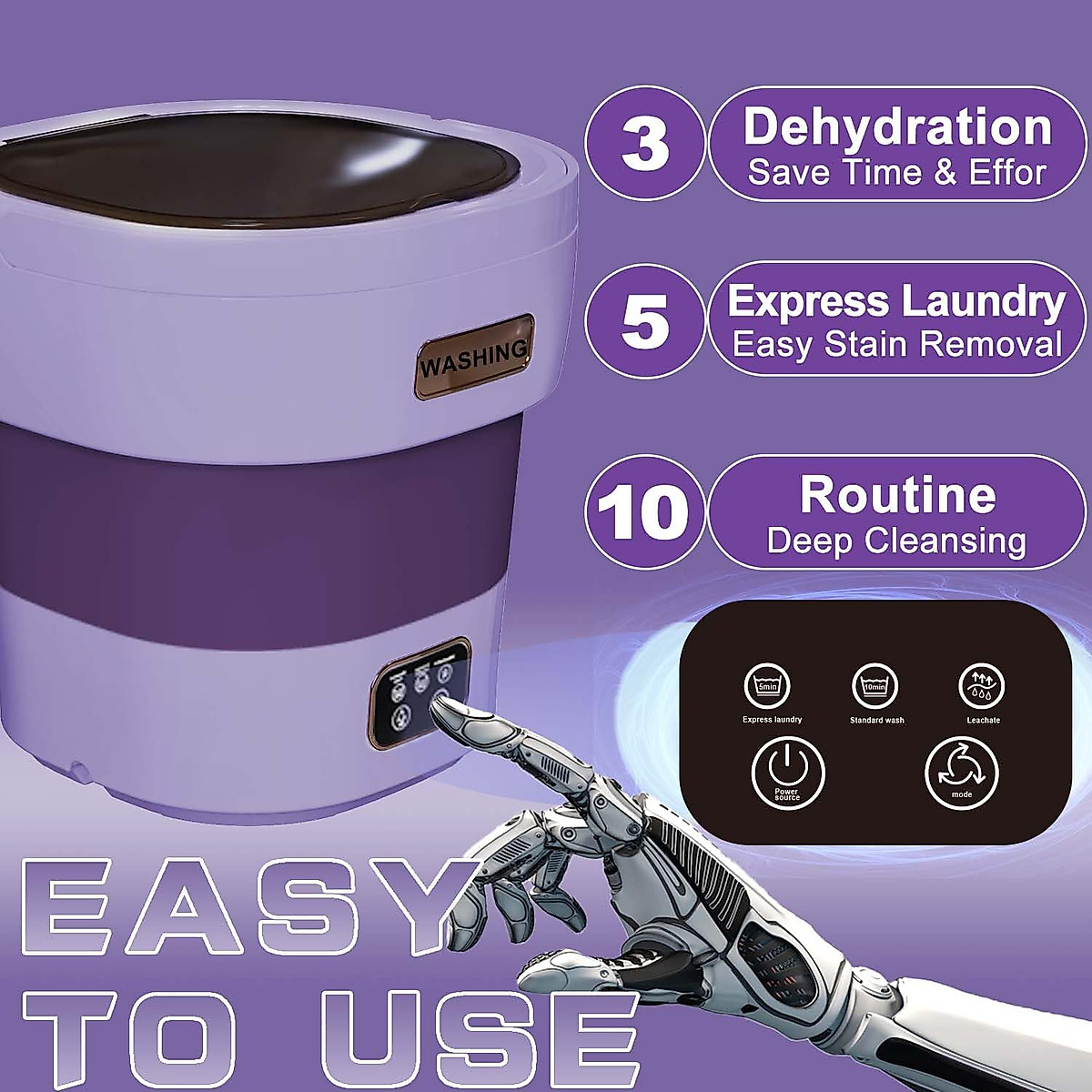 Mini Washing Machine, 15L Portable Washer, Foldable Washing Machine with Spin, Small Portable Washer and Dryer Combo for Apartments, Camping, Travel(Purple)