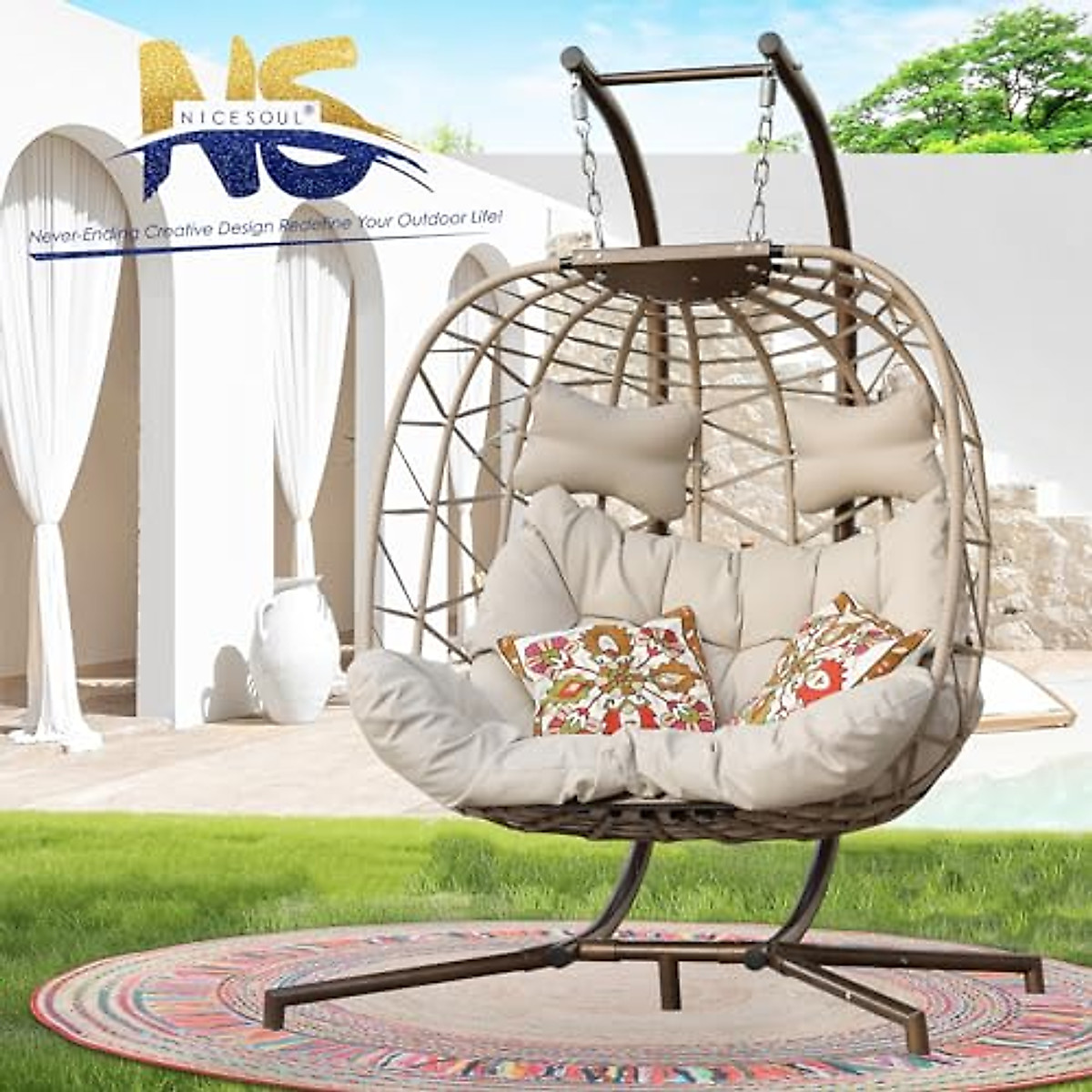 NICESOUL® Double Swing Egg Chair with Stand Large 2 Person Indoor Outdoor Wicker Patio Twins Basket Hanging Chair with Beige Cushions 510 Lbs Capaticy for Bedroom Balcony Oversized
