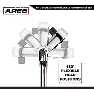 ARES 42028-3-Piece 72-Tooth Flex Head Ratchet Set - Premium Chrome Vanadium Steel Construction & Chrome Plated Finish - 72-Tooth Quick Release Reversible Design with 5 Degree Swing