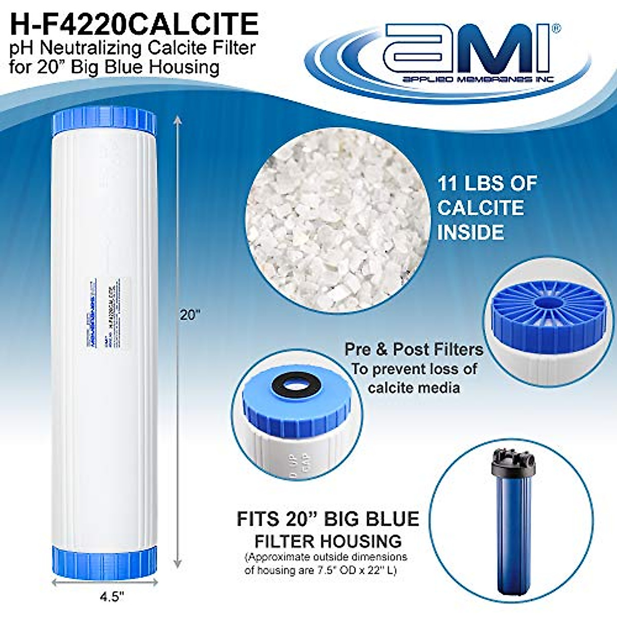 APPLIED MEMBRANES INC pH Neutralization Water Filter Cartridge | Calcite Filter to Raise Alkalinity of Low pH Water | 4.5"x20" Filter Fits 20” Filter Housing | H-F4220CALCITE (4.5" x 20")
