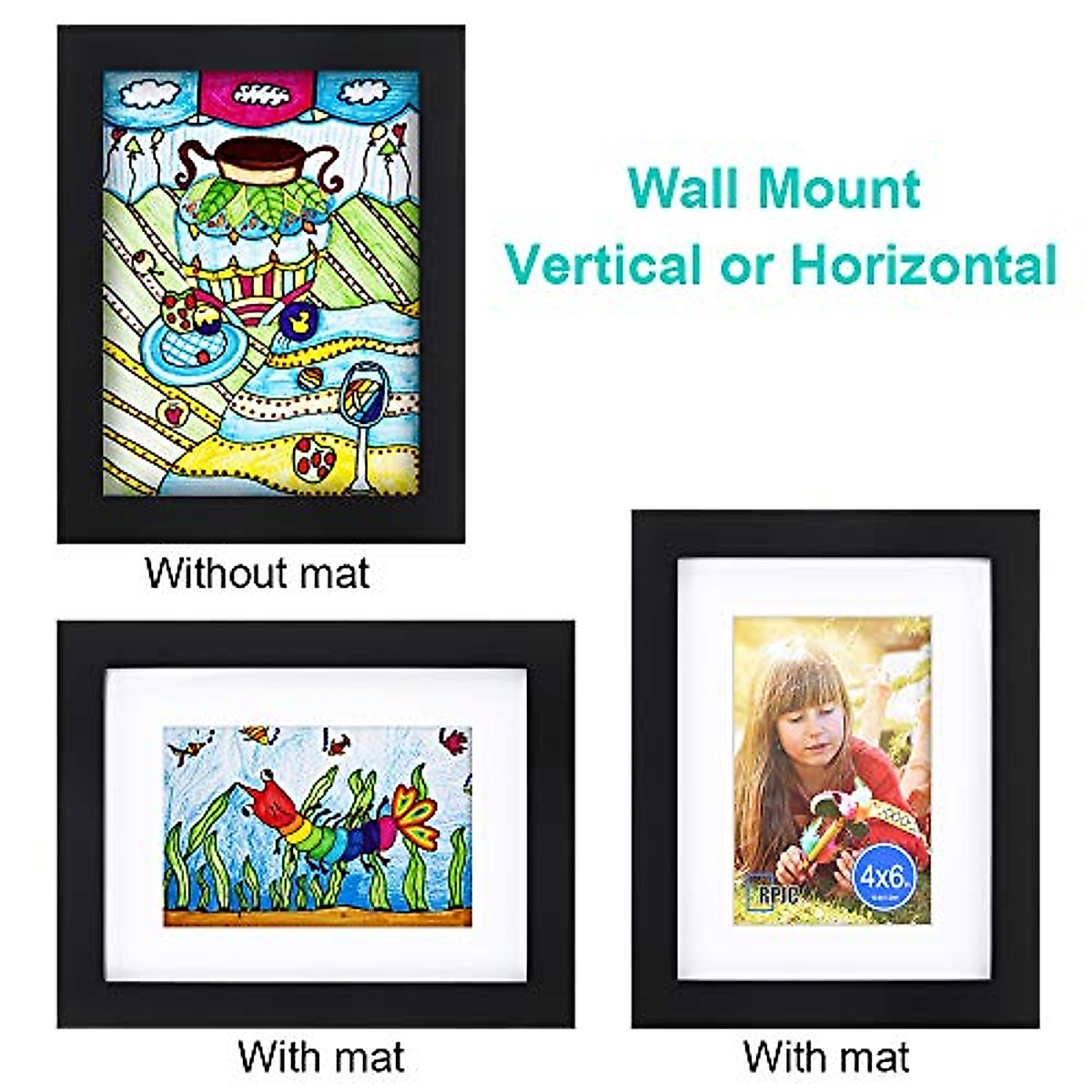 RPJC 6x8 inch Picture Frame Made of Solid Wood and High Definition Glass Display Pictures 4x6 with Mat or 6x8 Without Mat for Wall Mounting Photo Frame Black