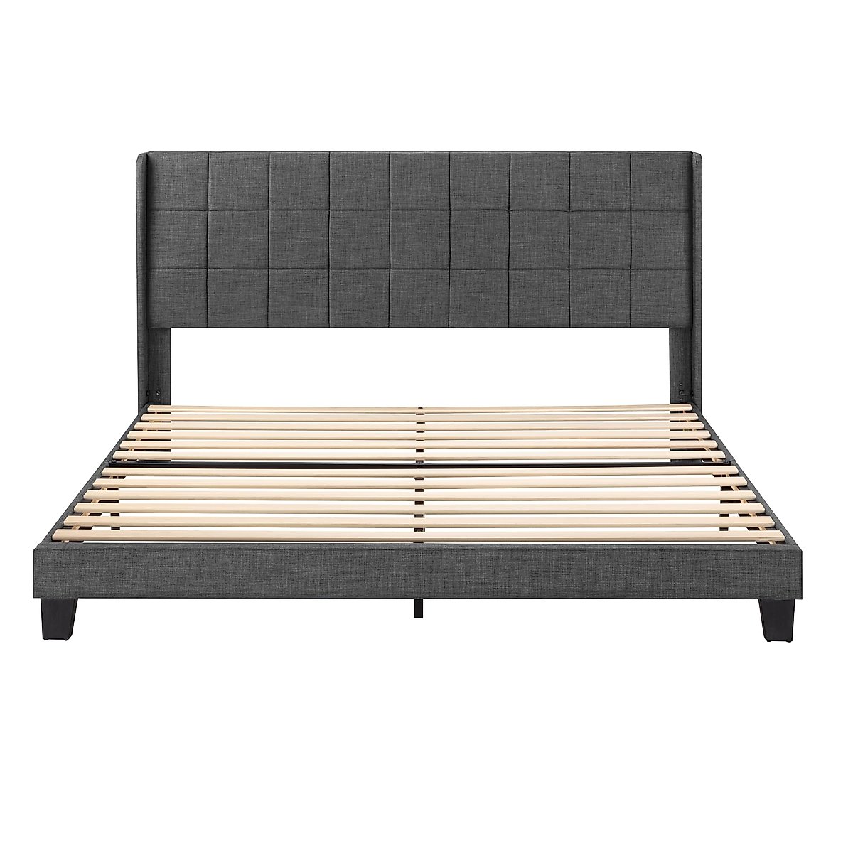 WEEWAY King Size Wingback Upholstered Platform Bed Frame with Box-tufted Stitched Headboard and Wooden Slats/No Box Spring Needed/Easy Assembly, Dark Grey