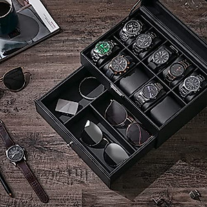 BEWISHOME Watch Box Organizer with Valet Drawer - Real Glass Top, Metal Hinge, Large Holder, Black Carbon Fiber Faux Leather - 10 Slots Watch Storage Case Jewelry Box for Men SSH14C