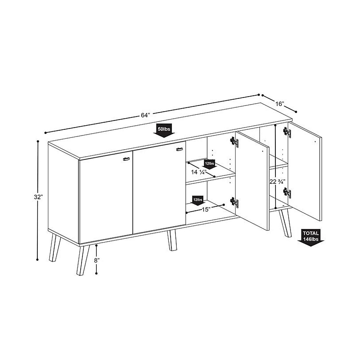 Prepac Milo Mid-Century 4 Door Buffet, 16" D x 64" W x 32" H, White
