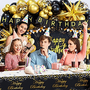 Black and Gold Birthday Decorations for Men Women, 71pcs Black and Gold Party Decorations with Backdrop, Tablecloth, Gold Foil Balloons, Banner, Balloon Arch for Birthday Party Decorations