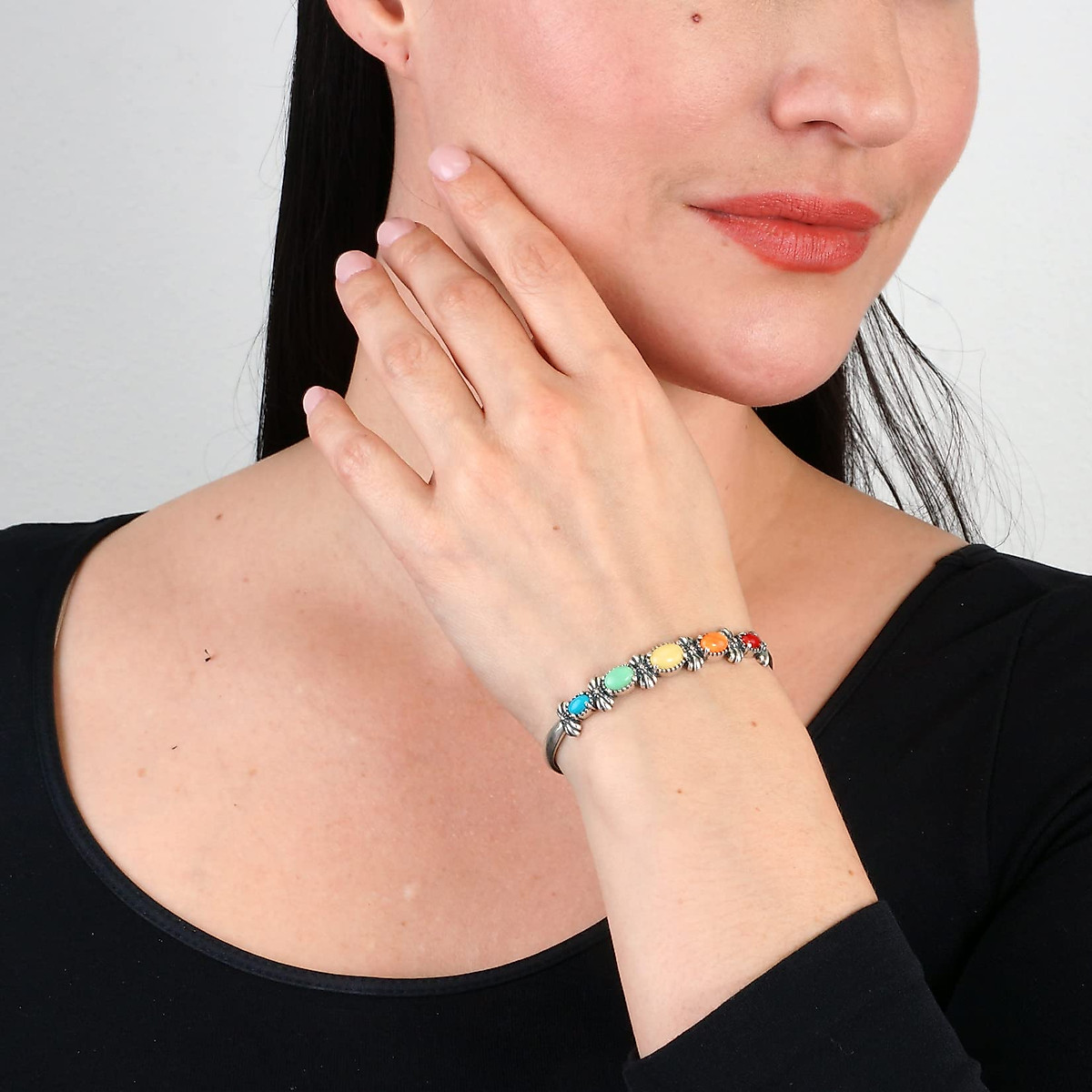 American West Jewelry Sterling Multi Color 5-Stone Cuff Bracelet Sizes Large