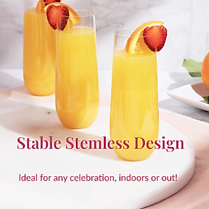 24pk Stemless Plastic Champagne Flutes - 9 Oz | Clear Plastic Wine Glasses | Shatterproof Mimosa Bar Supplies | Disposable Cocktail Glasses | New Years Eve Party Supplies 2023