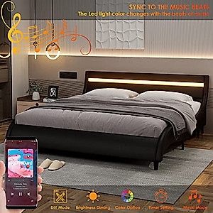 Keyluv Modern Upholstered Platform Bed Frame with LED Lights Headboard, Faux Leather Wave-Like Platform Bed Frame,Strong Wood Slats Support, Easy Assembly, Black, Queen Size