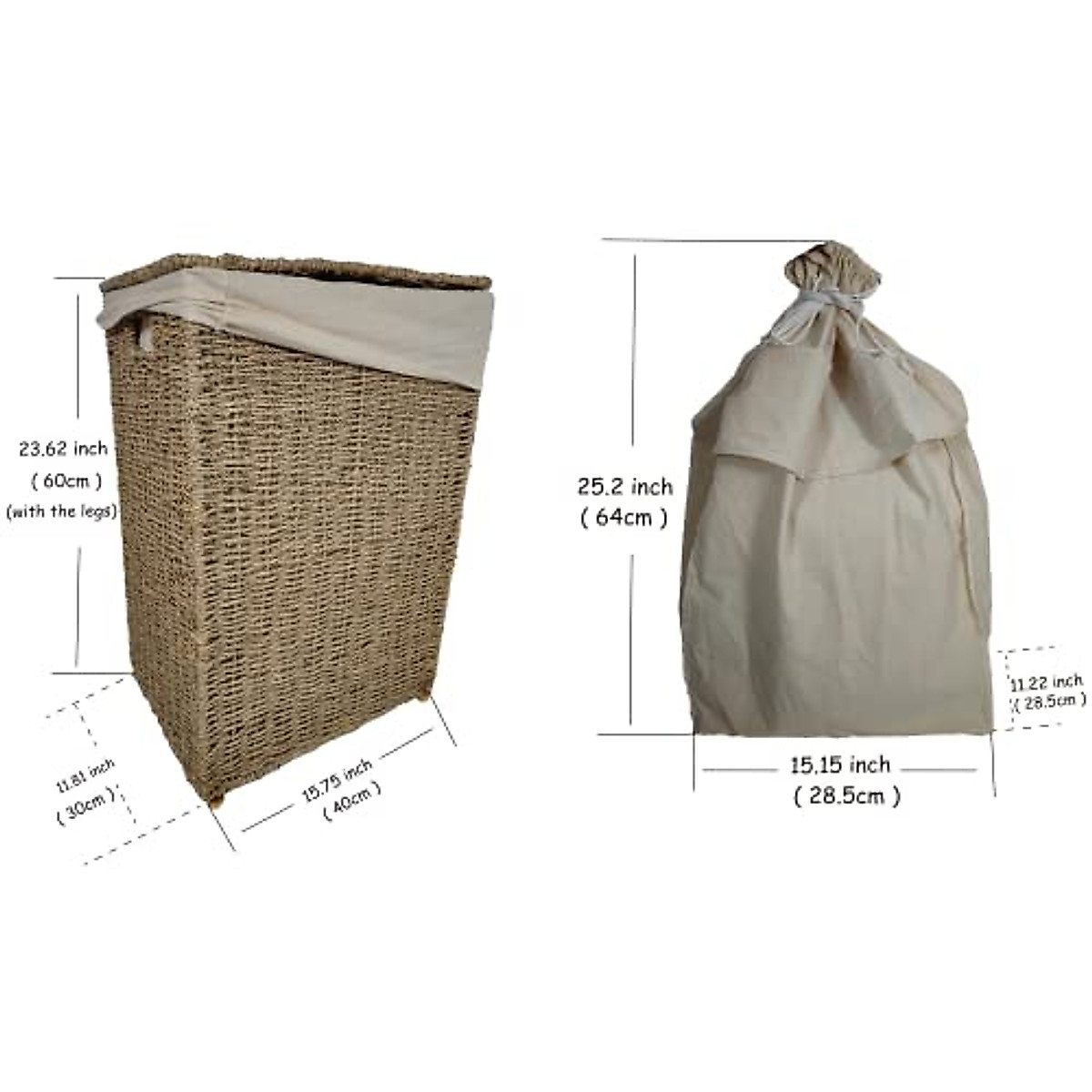 The Acacia Store 100% Natural Rectangular Seagrass Laundry Hamper with 2 100% Cotton Laundry Bags, Foldable with 4 legs made from bamboo and 2 handles, made in Vietnam, 12 x 16 x 24 Inches