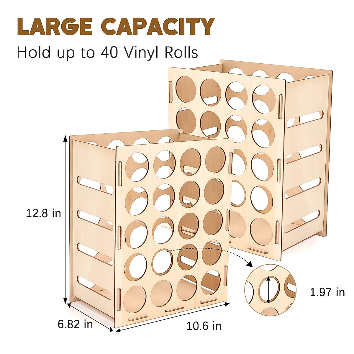 Yumkfoi 2 Pack Wooden Vinyl Roll Holder, 40 Holes Stackable Vinyl Roll Storage Rack with Weeding Tools Storage Bag, Sturdy Wood Vinyl Storage Organizer for Craft Paper Roll Holder Craft Room