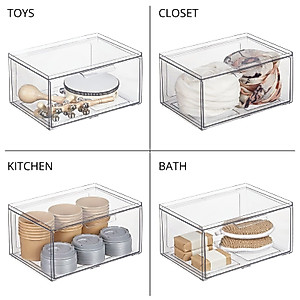 mDesign Plastic Wide Stackable Closet Storage Organizer Bin Containers with Front Pull Drawer for Cabinet, Desk, Shelf, Cupboard, or Dresser Organization - Lumiere Collection - 4 Pack - Clear