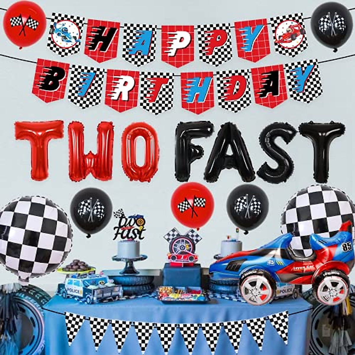 Race Car 2nd Birthday Party Supplies Two Fast Balloons Cake Topper Race Car Happy Birthday Banner for 2 Year Old Boys Racing Theme Birthday Party Decorations