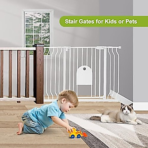 Baby Gates with Cat Door - Auto Close 29.5"-48.4" Safety Metal Dog Pet Gate for Doorway, Stairs, House, Walk Through Child Gate with Pet Door, Includes 4 Wall Cups and 2 Extension Pieces