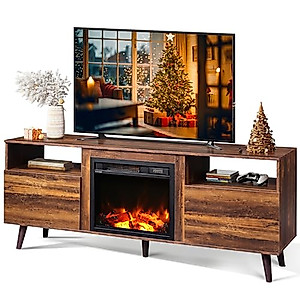 WLIVE TV Stand for 65 Inch TV, 58 Inch Entertainment Center with 18 Inch Electric Fireplace, Media Console with 2 Storage Cabinets for Living Room, Bedroom and Office, Rustic Brown