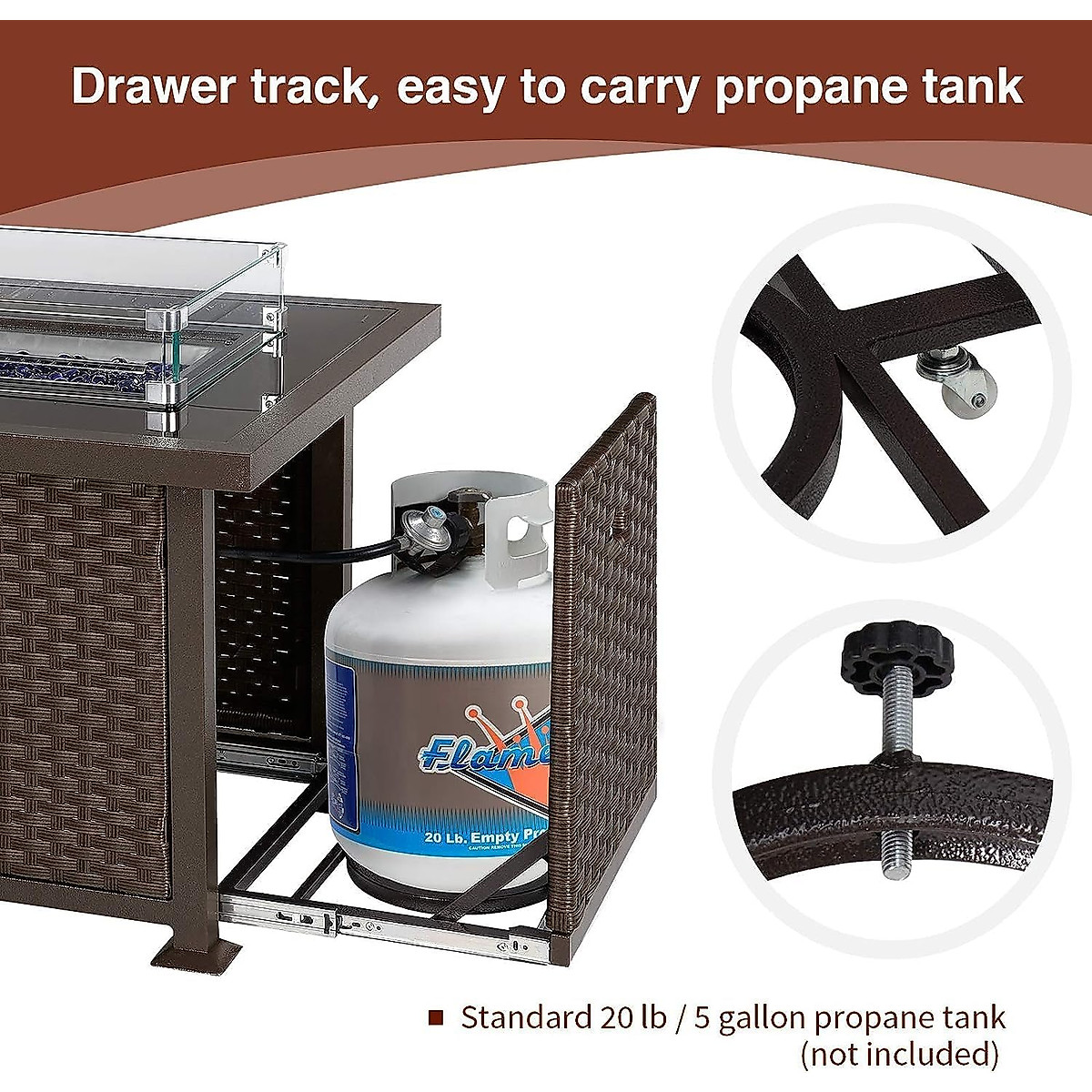 U-MAX 44in Outdoor Propane Gas Fire Pit Table, 50,000 BTU Auto-Ignition Gas Firepit with Glass Wind Guard, Black Tempered Glass Tabletop & Blue Glass Rock, Brown PE Rattan, CSA Certification