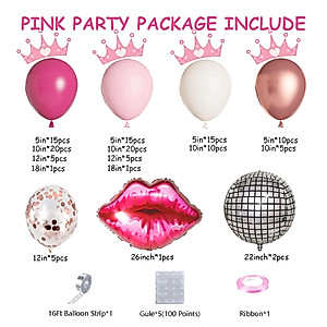 Pink Balloon Garland Arch Kit with Hot Pink Rose Gold Chrome Balloons with Heart Lip Silver Disco Ball Balloon for Girls Birthday Princess Party Background Valentine's Day Baby Shower Decorations