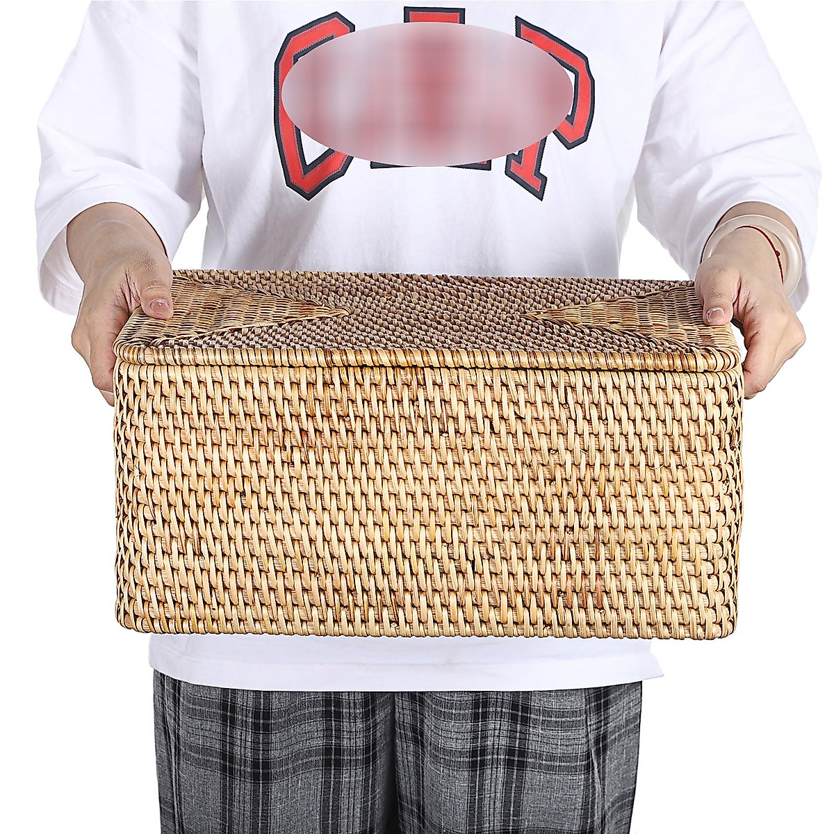 Hipiwe Rattan Basket Box for Shelf Organizing, Natural Storage Wicker Basket Bins with Handles, Large Lidded Basket Rectangular Rattan Box Handwoven Decorative Basket Box,15.1"x11.2"x7.3"