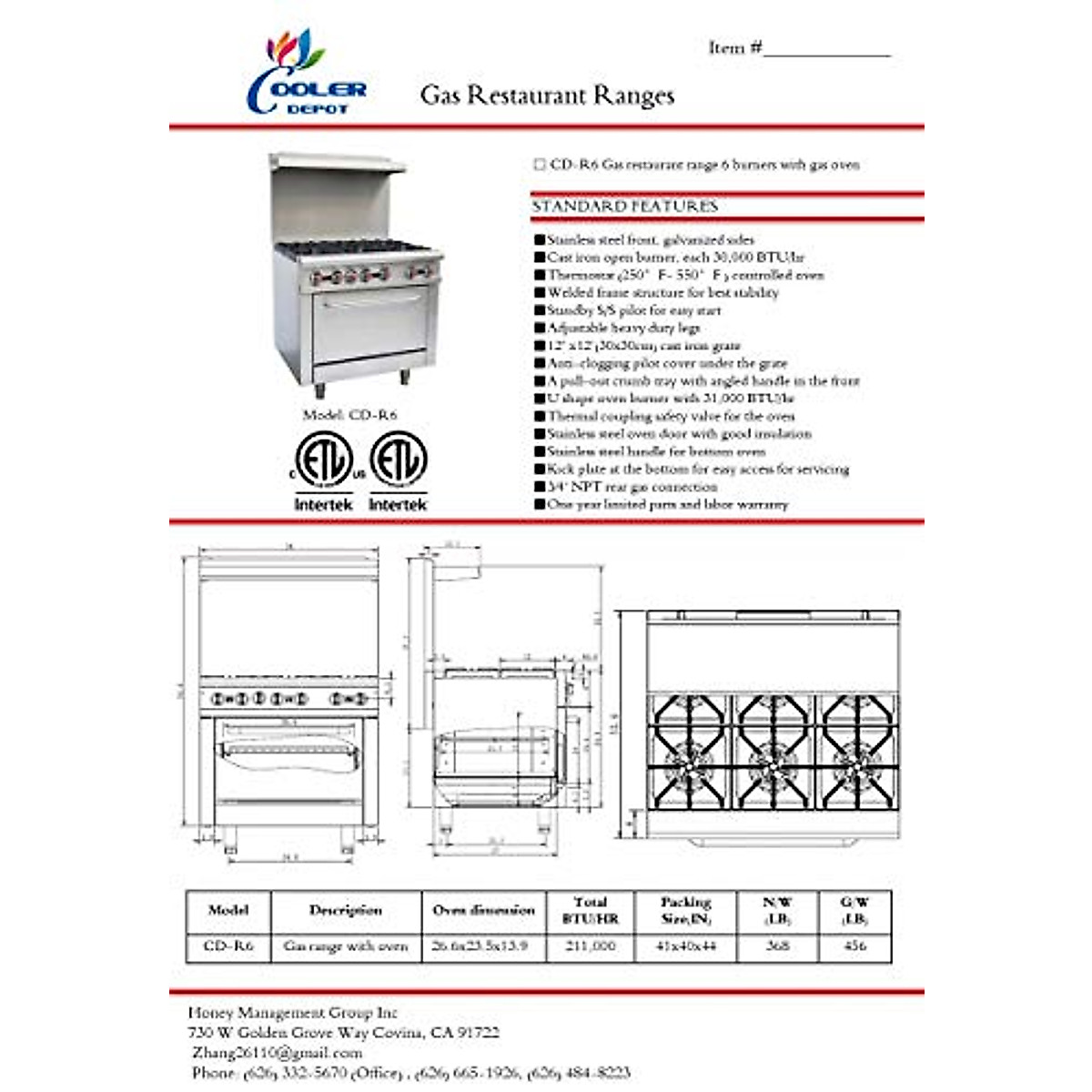 Commercial Range&Oven 36" Width, 6 Burners, Natural Gas and Propane, NSF/ETL Certified, Thermostat, Stainless Steel Galvanized and Cast iron Grate For Restaurant Heavy Duty, 211000 BTU