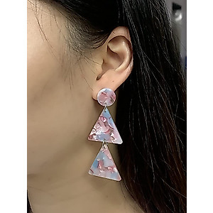 Acrylic Double Triangle Dangle Earrings for Women Resin Geometric Round Circle Tassel Drop Dangling Stud Hypoallergenic Lightweight Retro Party Y2K Jewelry Christmas Tree (Pink and Blue)