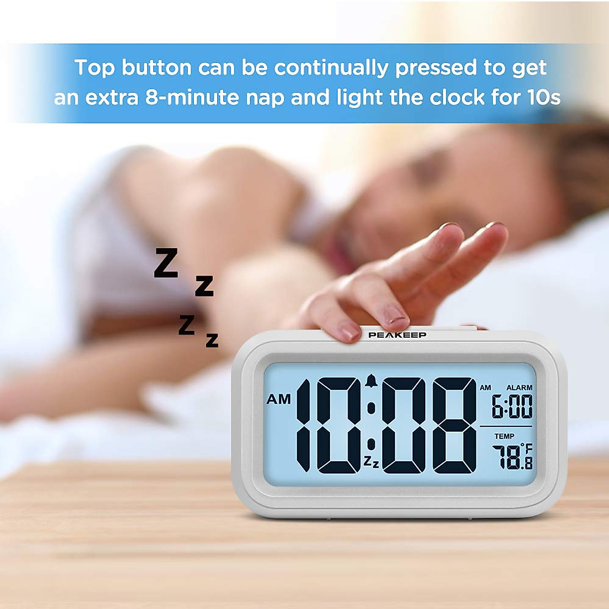Peakeep Night Light Digital Alarm Clock Battery Operated with Indoor Temperature, Desk Small Clock (White)