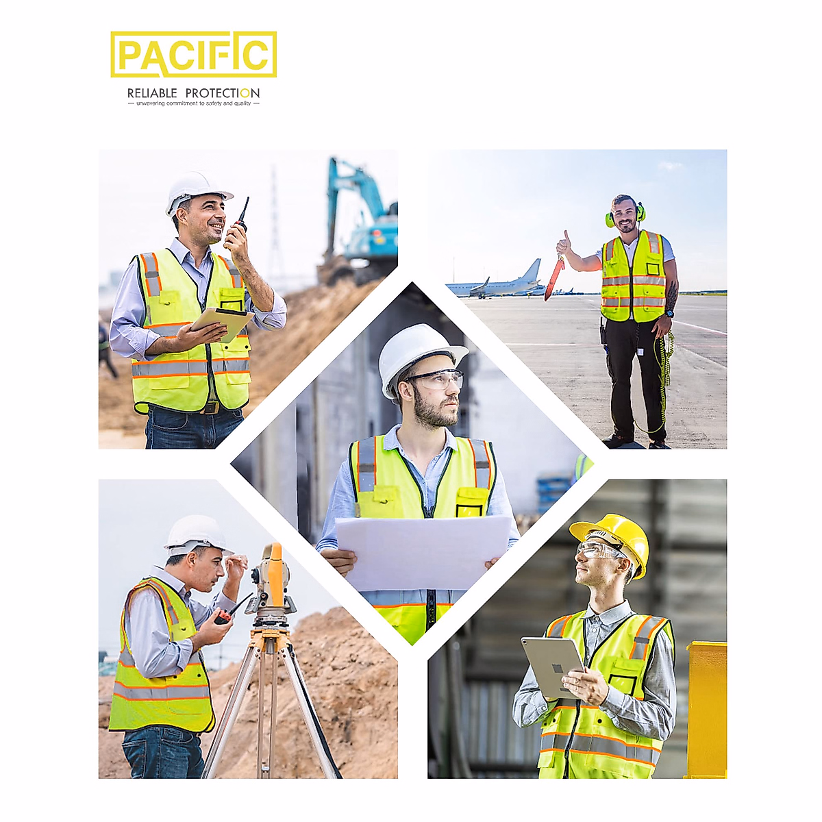 PACIFIC 10 Pockets Safety Vest for Men, 3M High Visibility Reflective Strips with Pockets and Zipper, ANSI Class 2, Yellow, X-Large