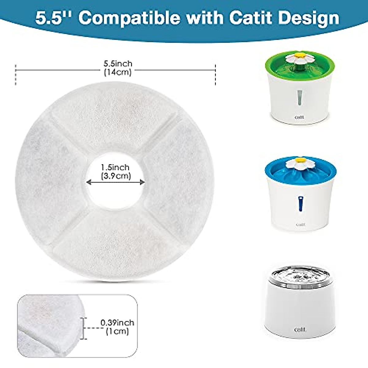 8-Pack Filters Compatible with Catit Senses Fountains and Catit Flower Fountains, Cat Water Fountain Replacement Filters, Pet Activated Carbon Filters