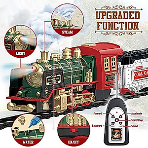 Mini Tudou Christmas Electric Train Set w/Steam, Sound & Light, Remote Control Train Toys w/Steam Locomotive Engine, Cargo Cars & Tracks, Toy Train w/Rechargeable Battery for Kids Boys 3+ Year Old